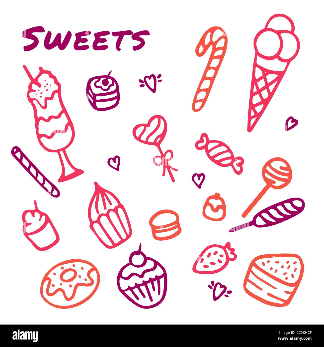 Hand drawn sweets doodle elements set with candies, cupcakes, cookies ...