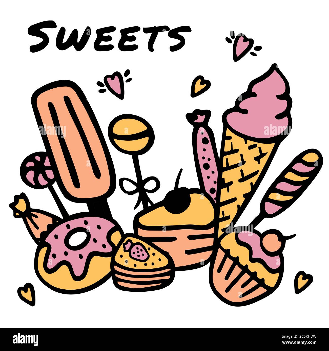 Hand drawn sweets doodle elements set with candies, cupcakes, cookies ...