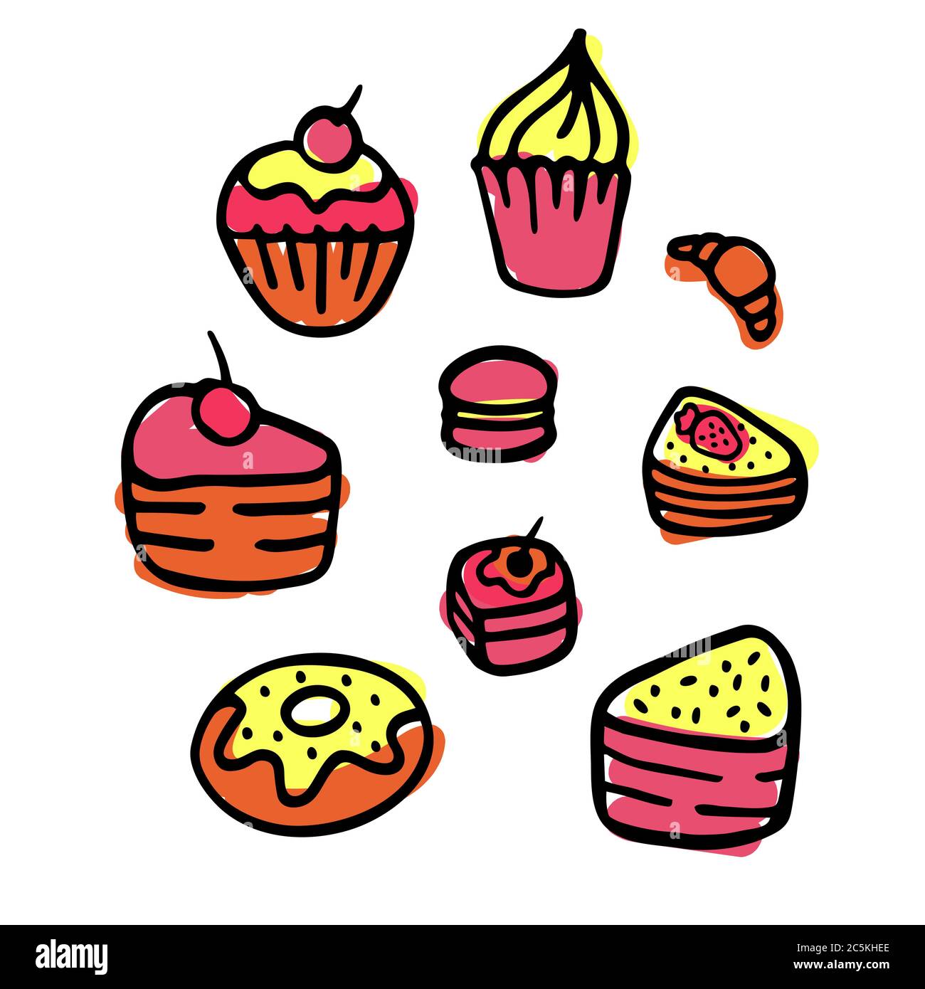 Vector collection of party pastry, cakes and sweets icons. Hand drawn ...