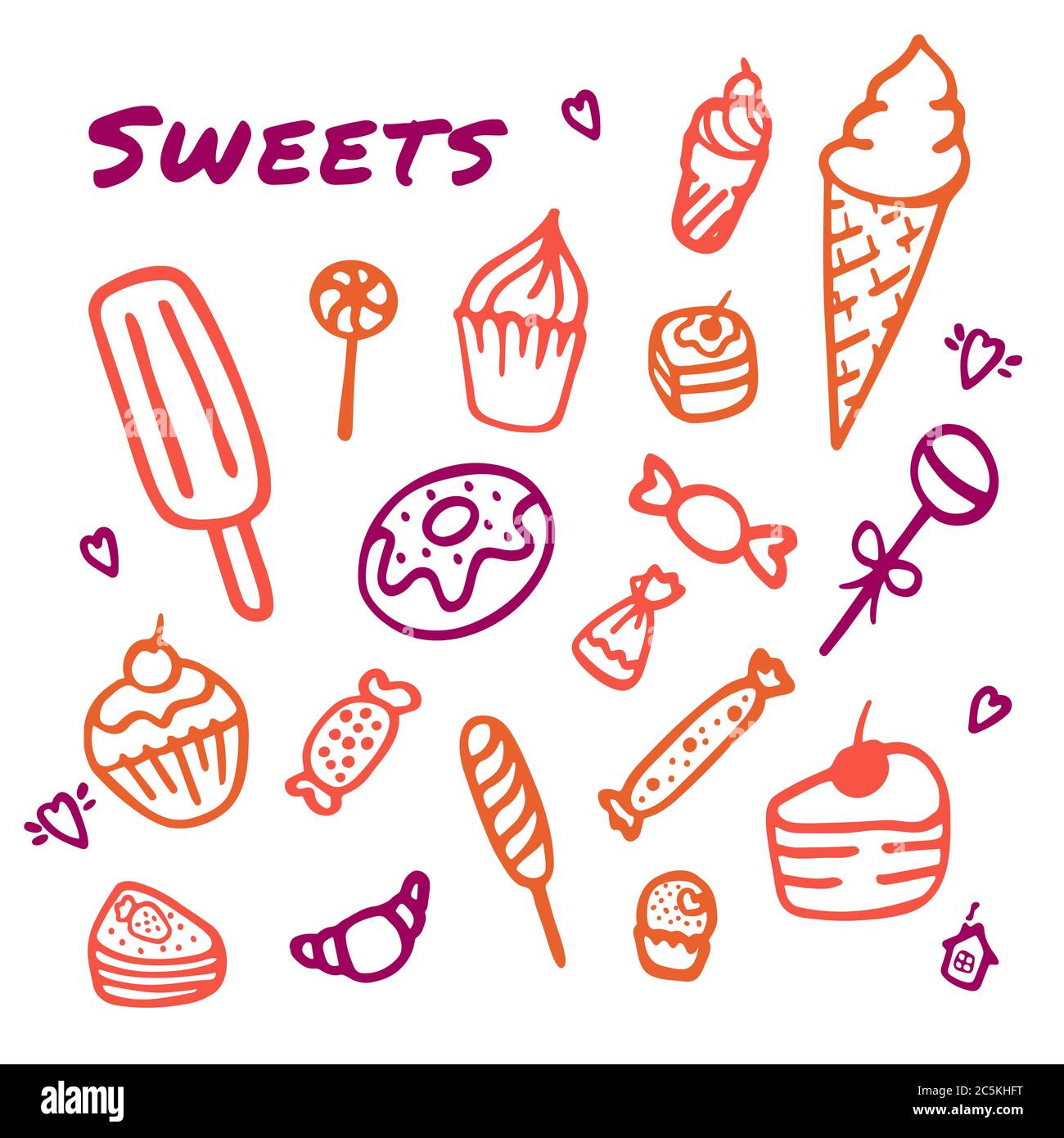 Hand drawn sweets doodle elements set with candies, cupcakes, cookies ...
