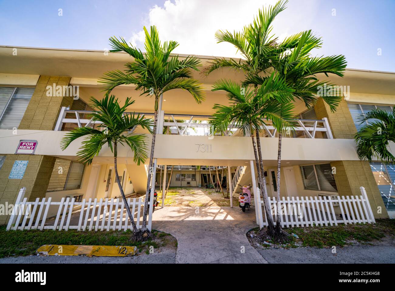 Apartments in Miami Beach with palm trees Stock Photo - Alamy