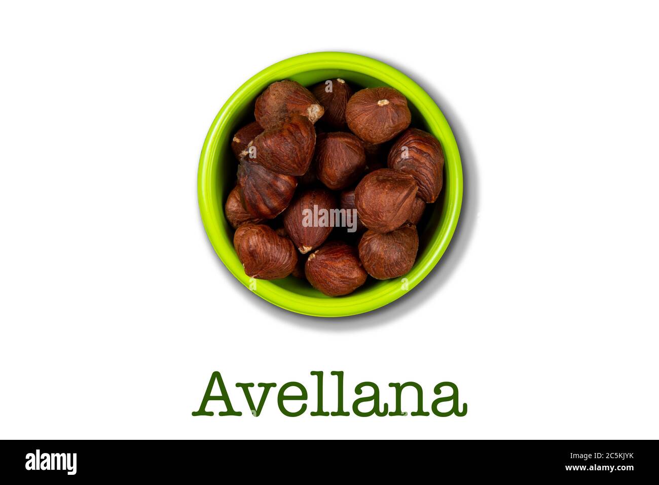 Green Bowl with culinary ingredients Hazelnut (text in Spanish) on ...