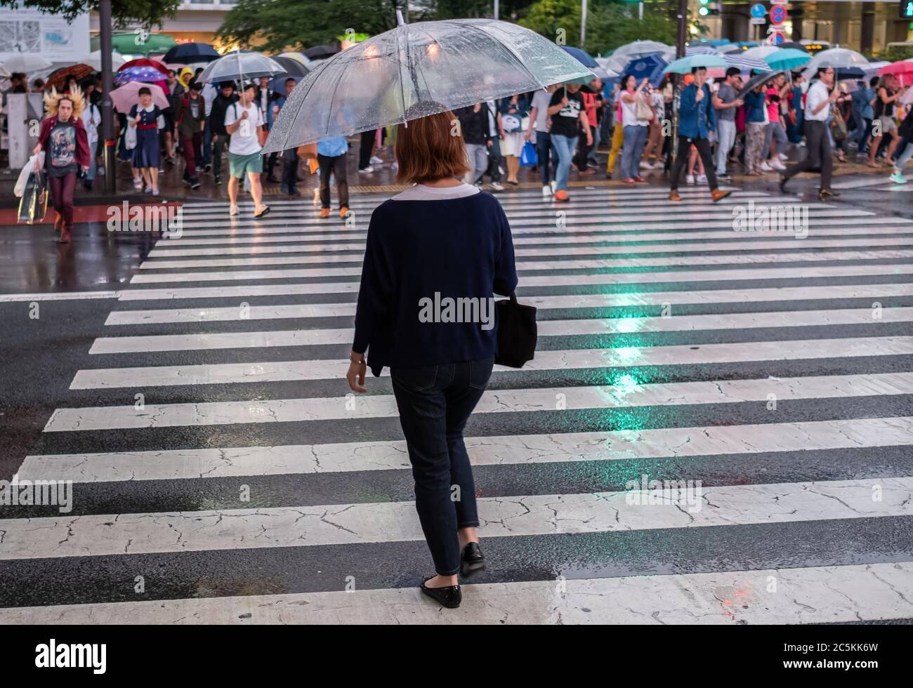 Pedestrian crowd walking across Shibuya scramble crossing during a ...