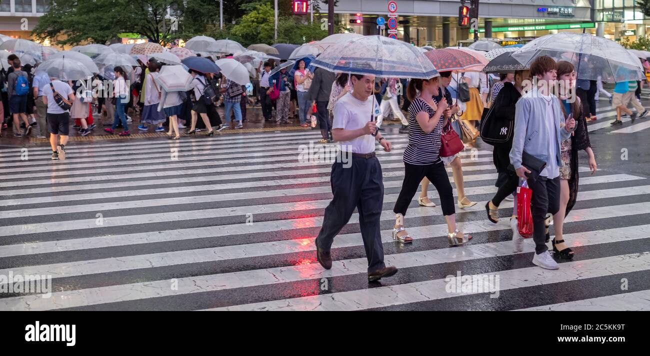 Pedestrian crowd walking across Shibuya scramble crossing during a ...