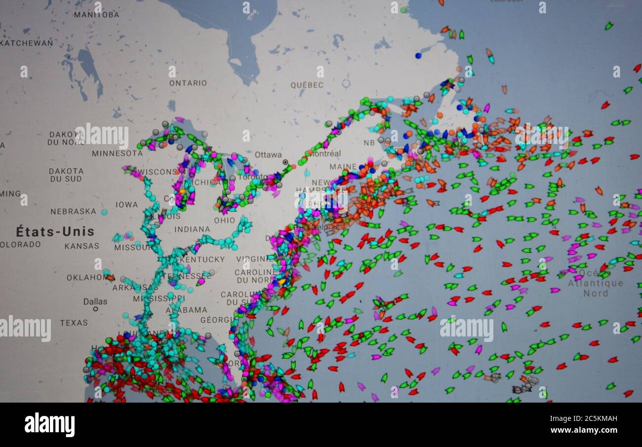 map of North America with maritime traffic on internet site of Pilotes ...