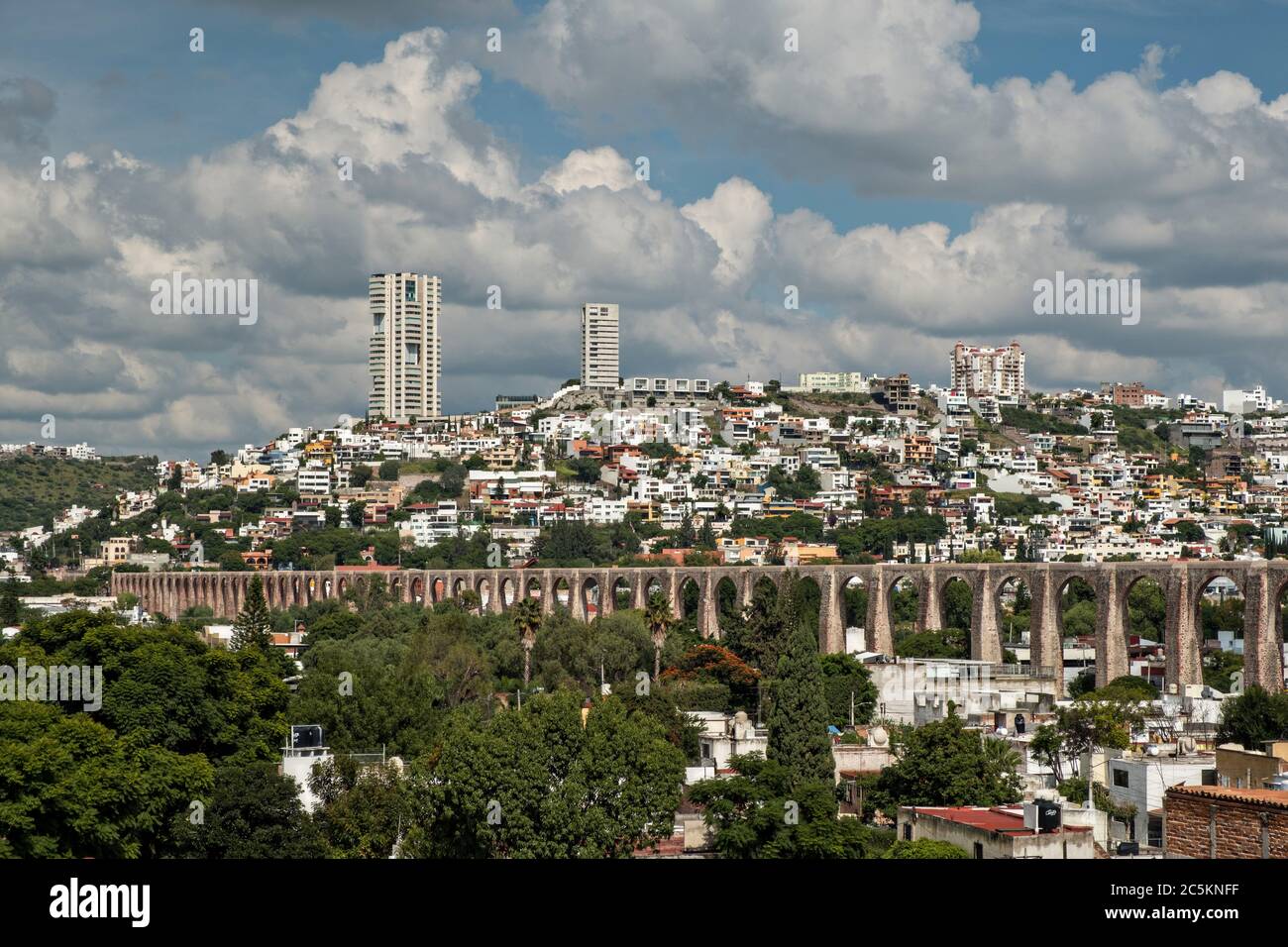 The ancient stone Aqueduct of Queretaro running across the city center ...