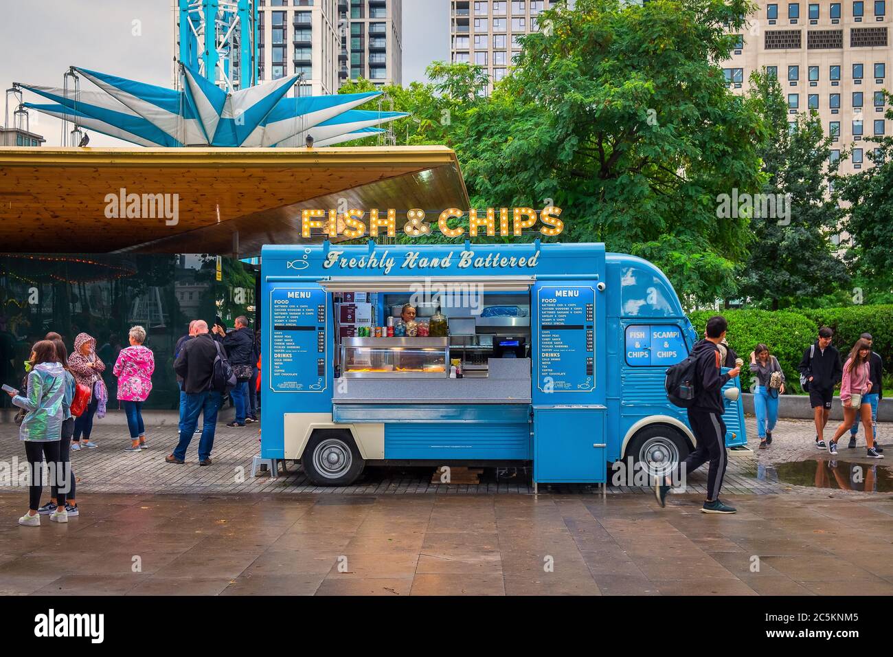 London, UK, Aug 2019, blue fish and chips van Citroën Type H on the ...