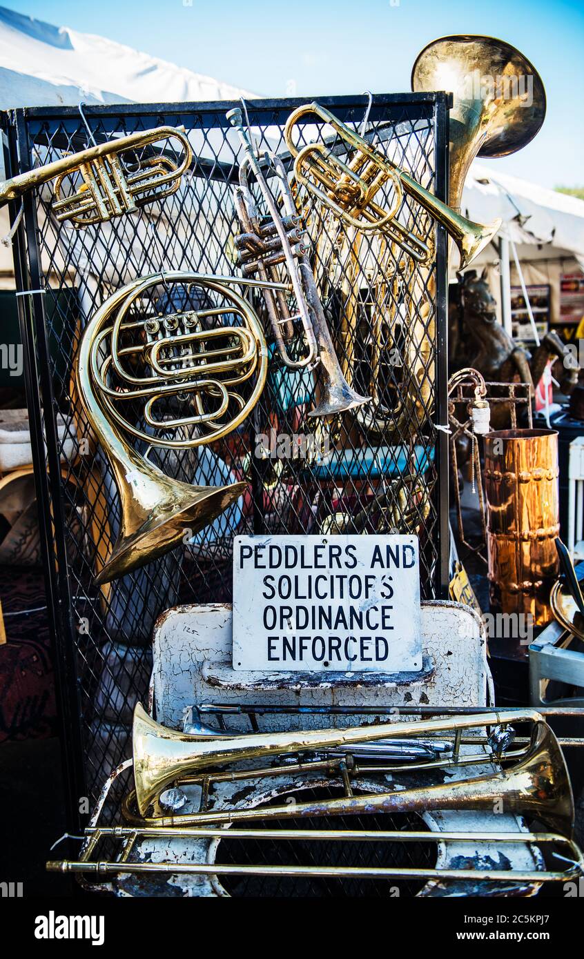 Horned instruments for sale at a flea market, brimfield, massachusetts ...