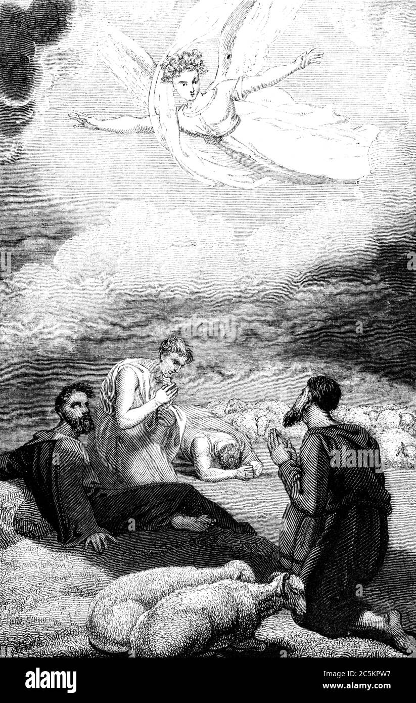 An engraved vintage illustration image of the annunciation to the ...