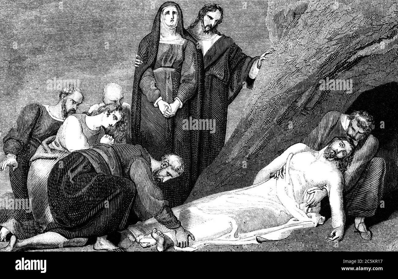 An engraved vintage illustration image of the entombment of Jesus ...