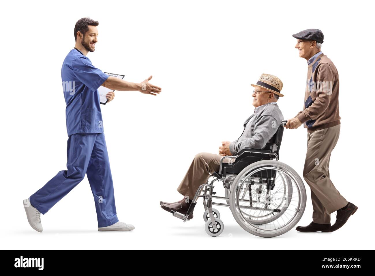 Full length profile shot of a male health worker walking and greeting ...
