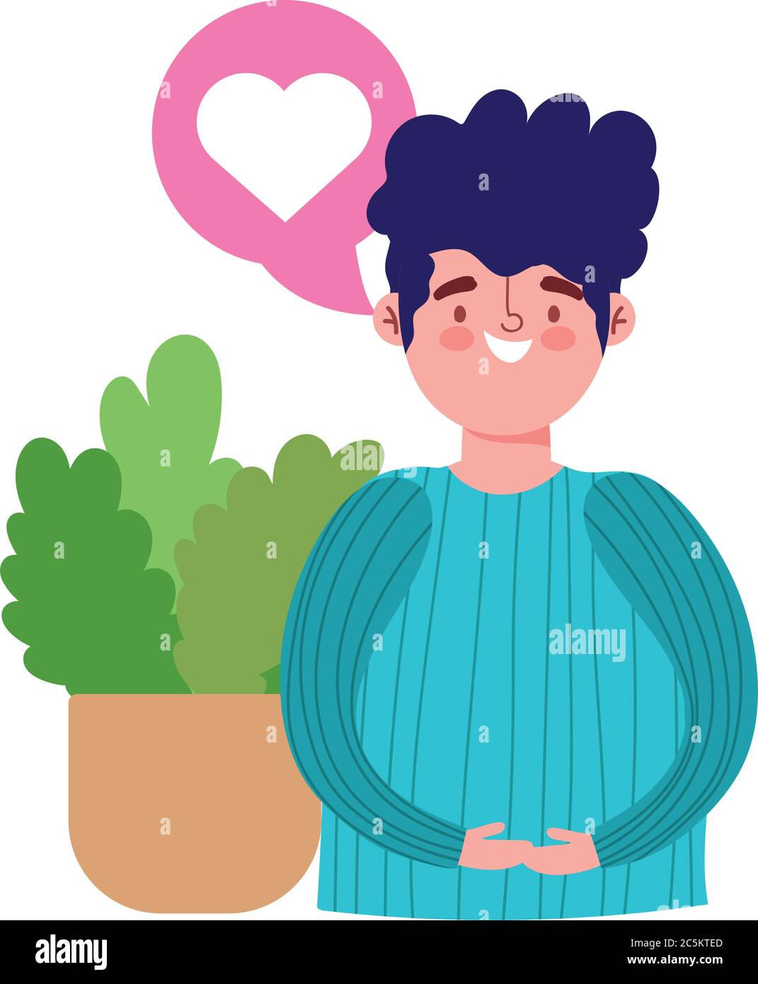 young man talking with potted plant isolated design icon white ...