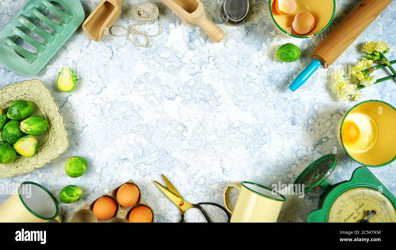 Vintage retro kitchenware and cooking ingredients creative layout ...