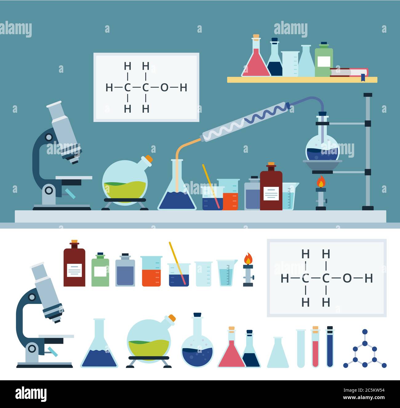 Laboratory chemical equipment vector illustration and collection in ...