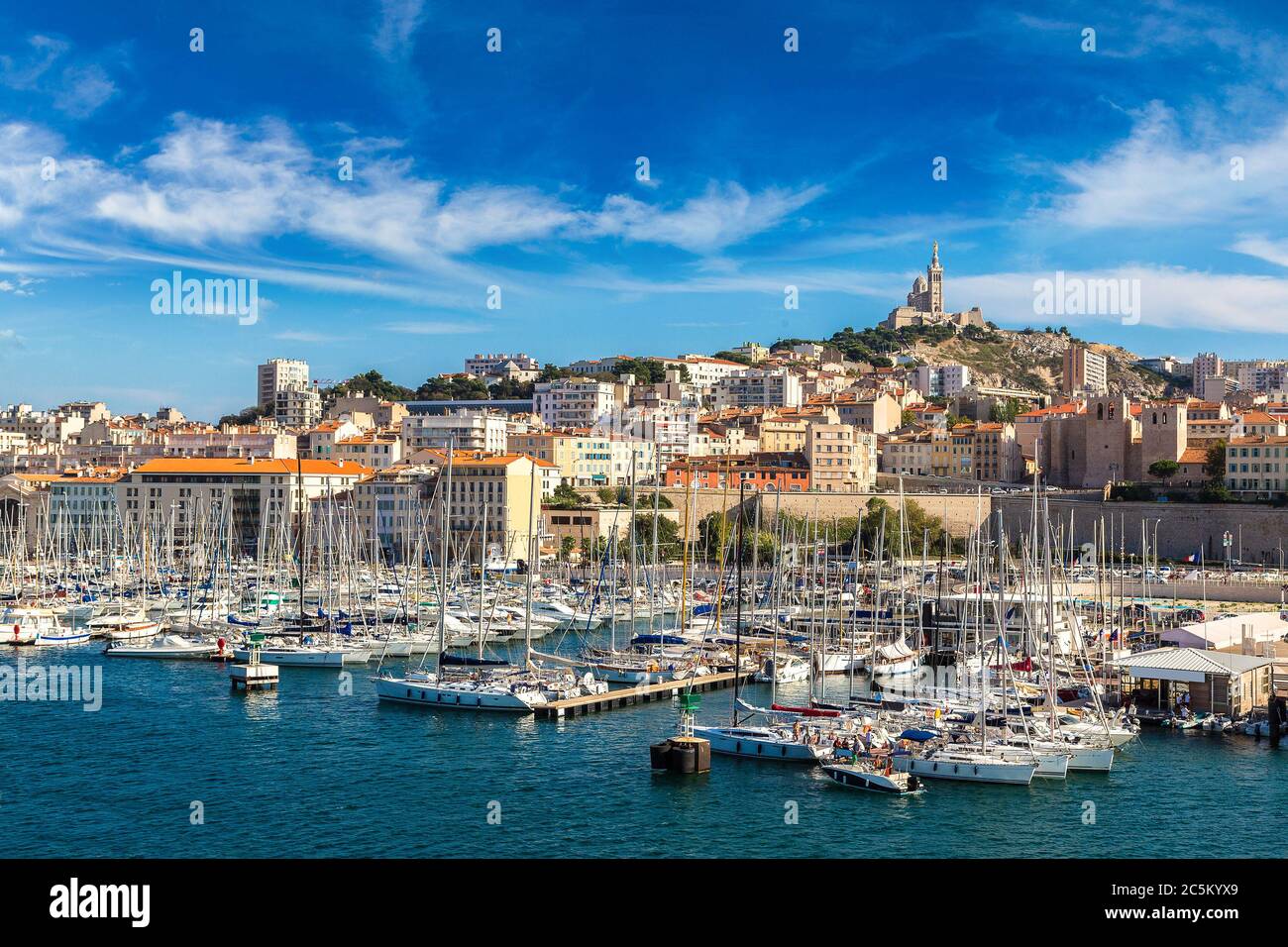 Aerial panoramic view on basilica of Notre Dame de la Garde and old ...