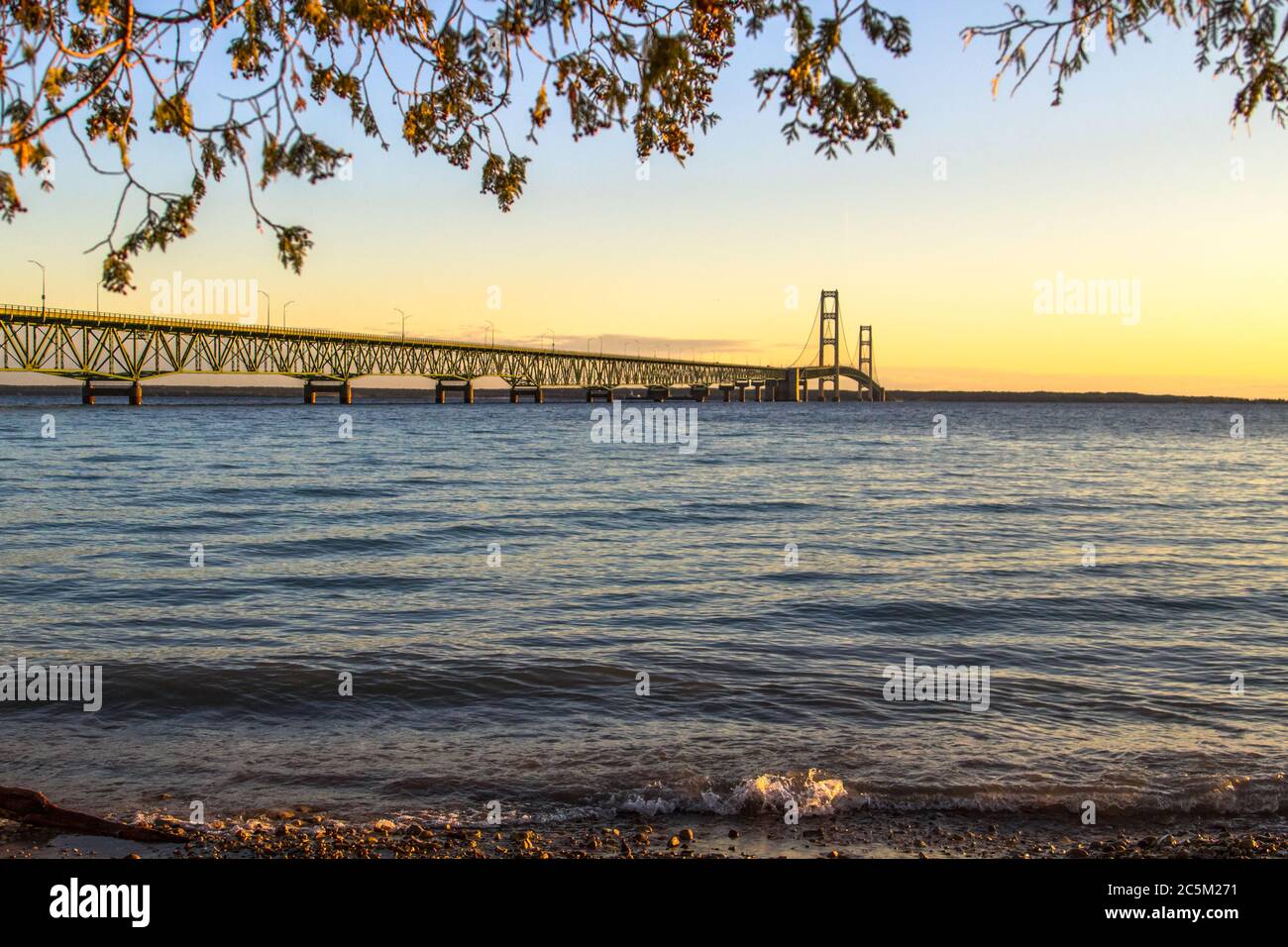 Mackinaw Bridge Fall Panorama Sunrise. Sunrise over the Mackinac Bridge ...