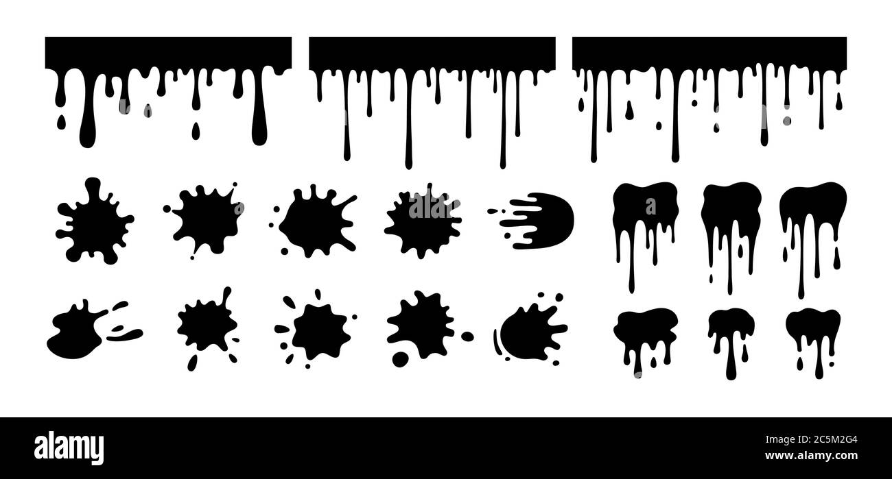 Splash shape set. Black silhouette, round ink splatter glyph collection ...