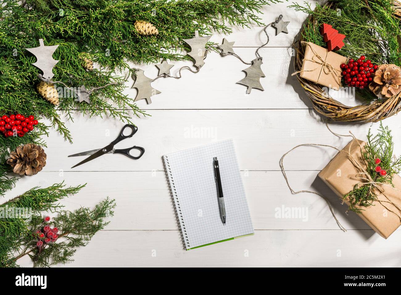 Juniper branches with a Christmas decor. Christmas, New Year background ...