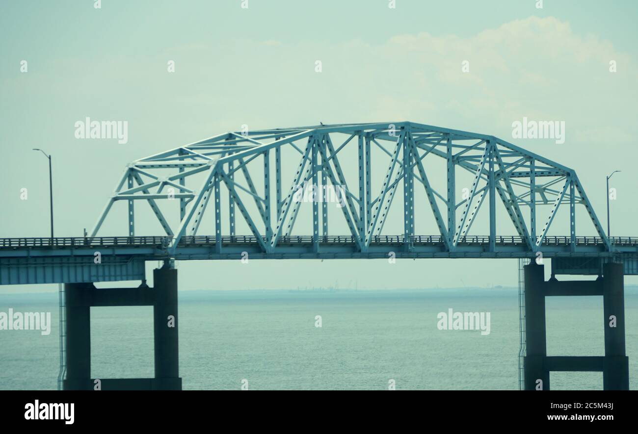 Virginia, U.S.A - June 29, 2020 - The blue suspension bridge on Chesapeake Bay Bridge Tunnel ...