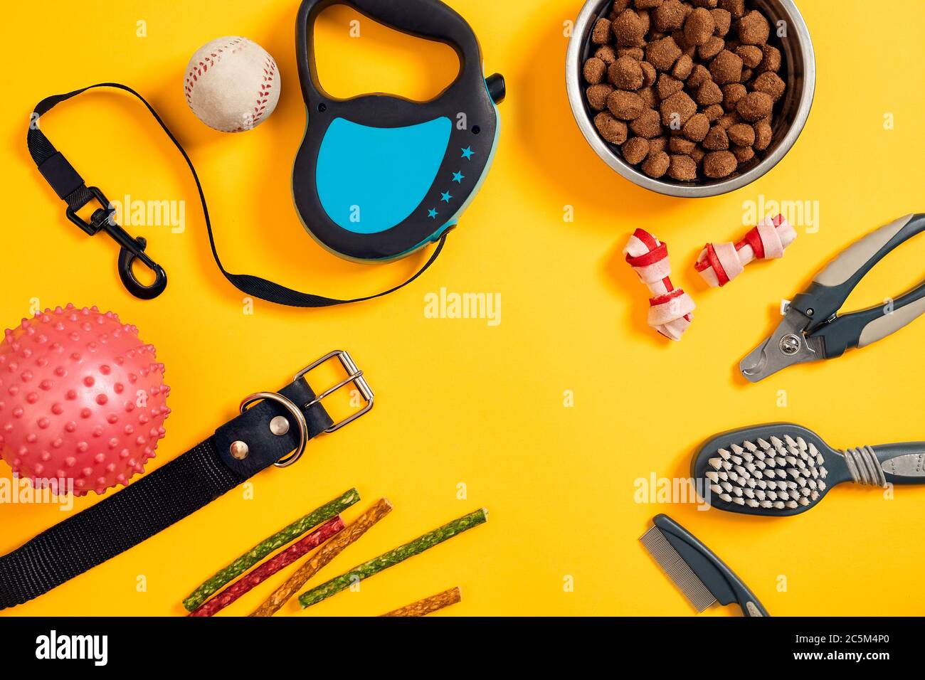 Dog accessories on yellow background. Top view. Pets and animals ...
