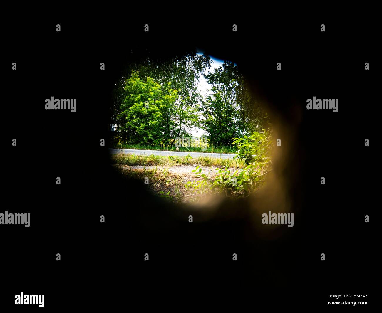 Green trees through a round hole in the wall Stock Photo - Alamy
