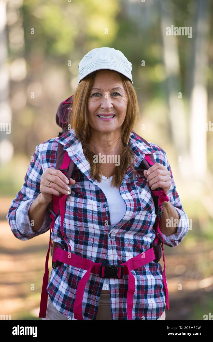 Portrait Active Attractive Mature Woman Hiking Happy And Relaxed With