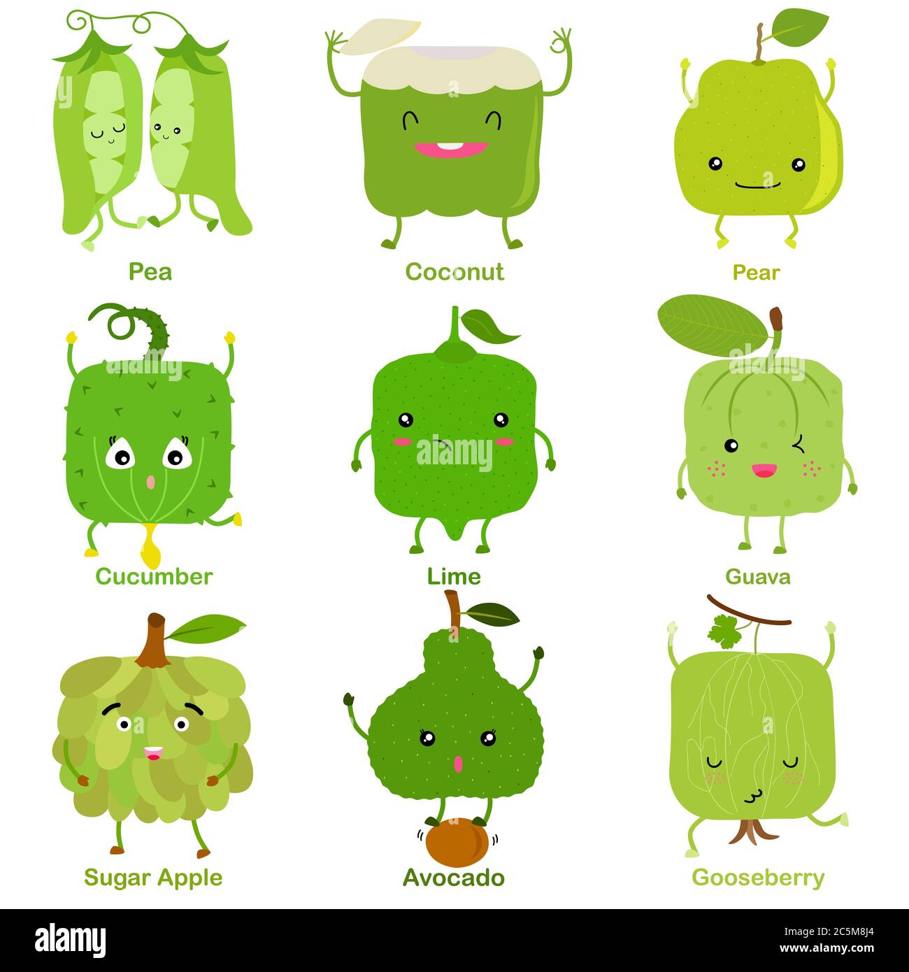 Cute vector of square shaped smiling fruit, vegetable with happy face ...