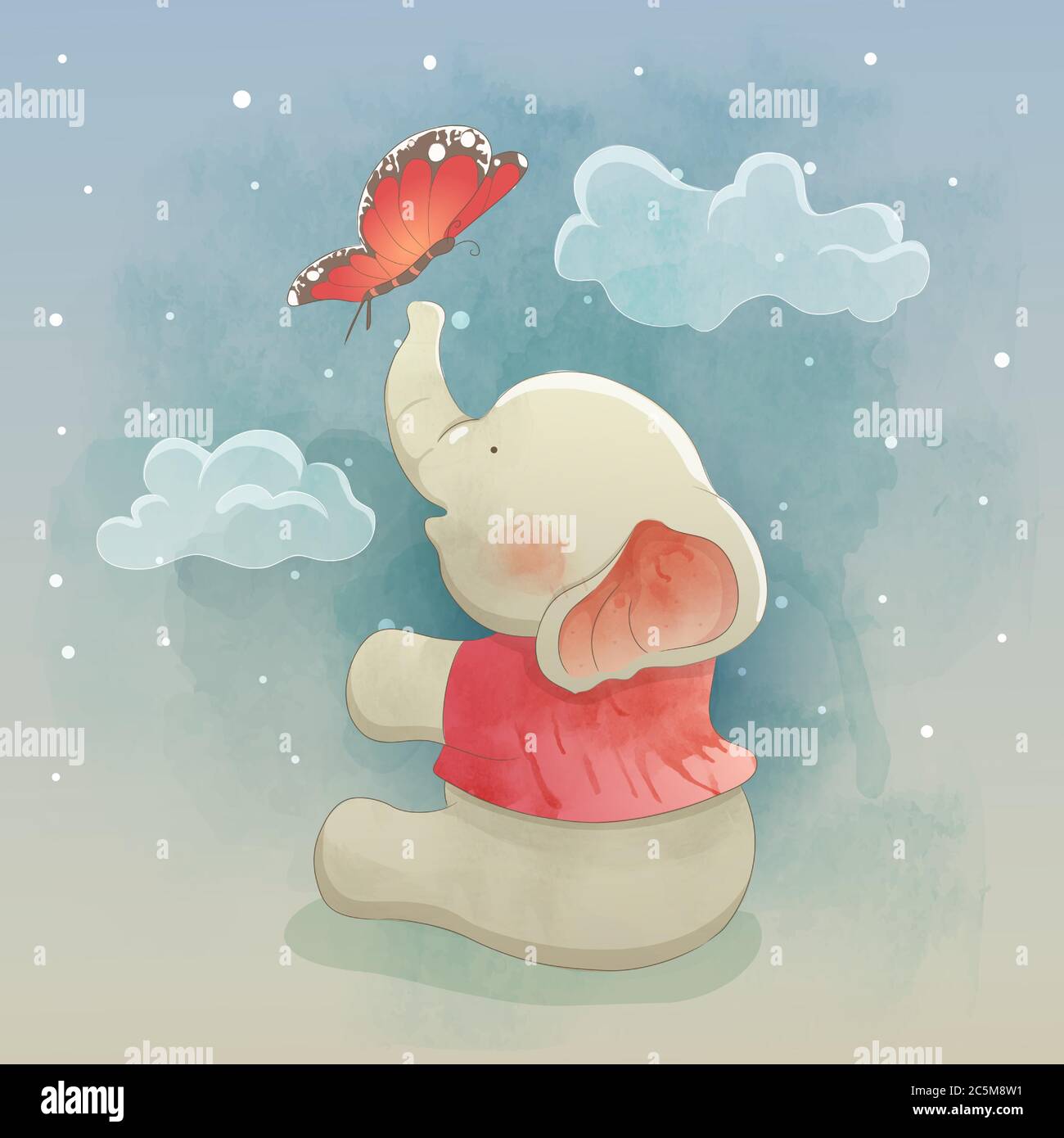 a cute elephant playing with butterfly. vector hand drawn art style ...