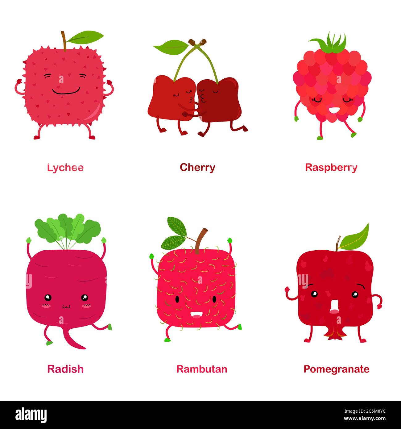 Cute vector of square shaped smiling fruit, vegetable with happy face ...