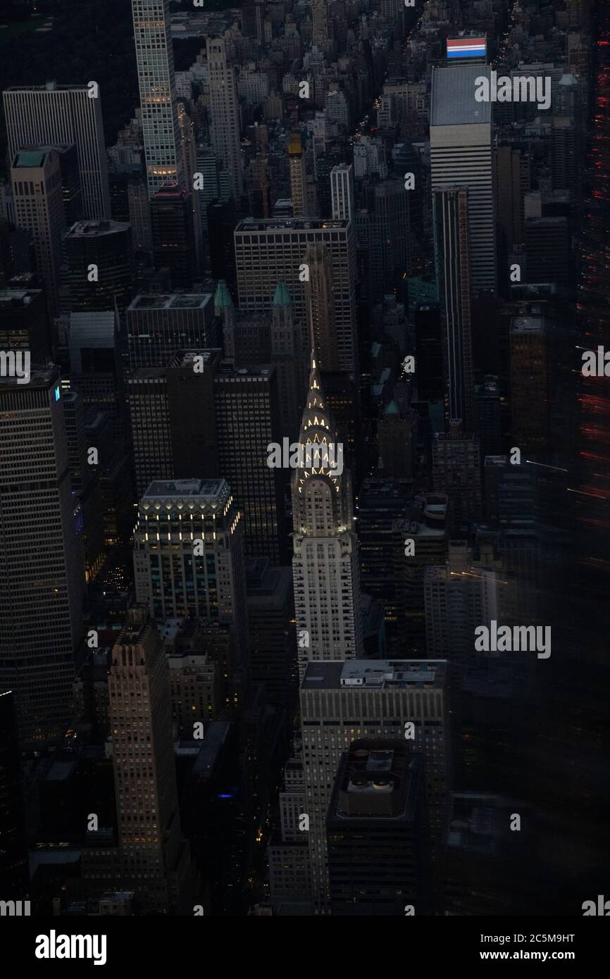 Aerial view of Manhattan, New York City during the sunset looking over ...