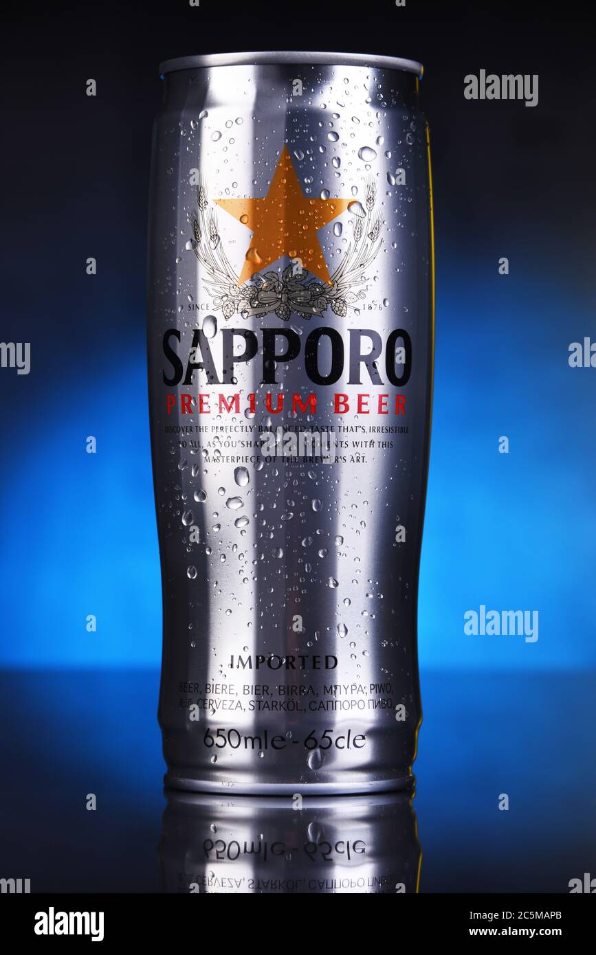 POZNAN, POL - JAN 17, 2020: Cans of Sapporo beer, a product of Sapporo ...