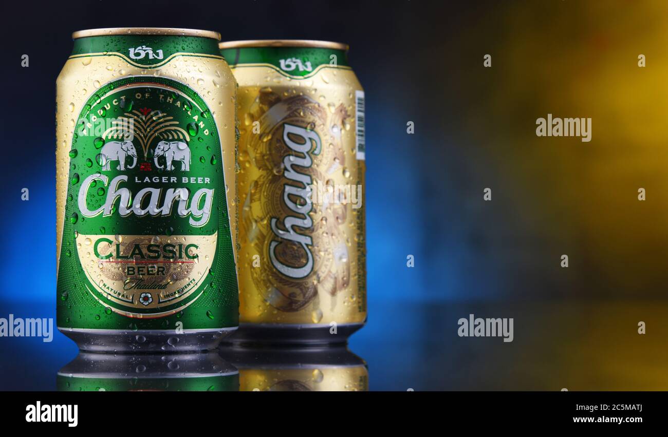 POZNAN, POL - JAN 17, 2020: Cans of Chang beer, a pale lager brewed by ...