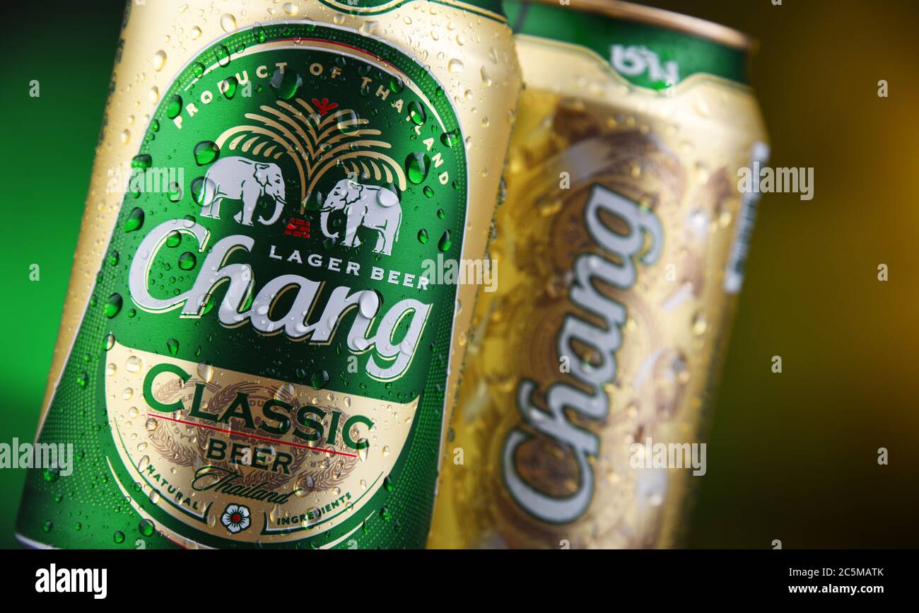 POZNAN, POL - JAN 17, 2020: Cans of Chang beer, a pale lager brewed by ...