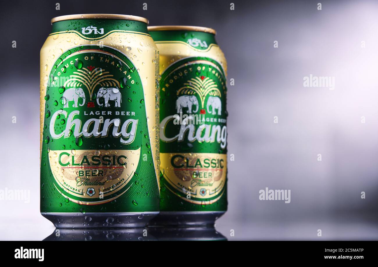 POZNAN, POL - JAN 17, 2020: Cans of Chang beer, a pale lager brewed by ...