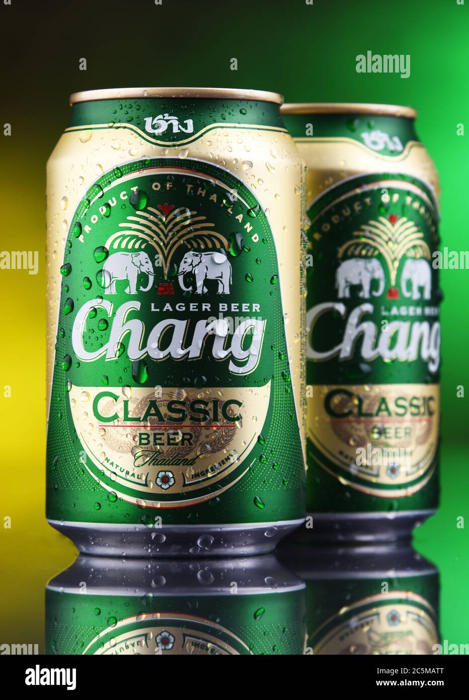 POZNAN, POL - JAN 17, 2020: Cans of Chang beer, a pale lager brewed by ...