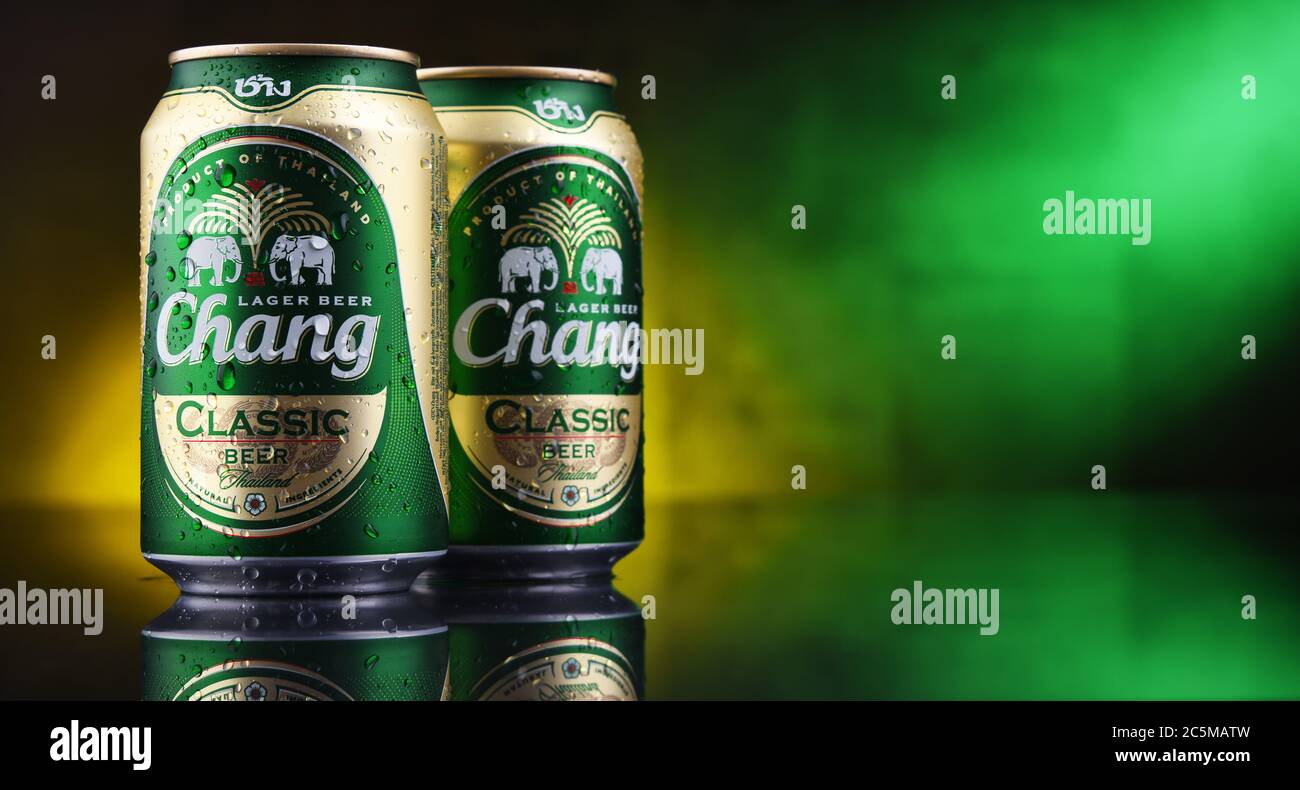 POZNAN, POL - JAN 17, 2020: Cans of Chang beer, a pale lager brewed by ...