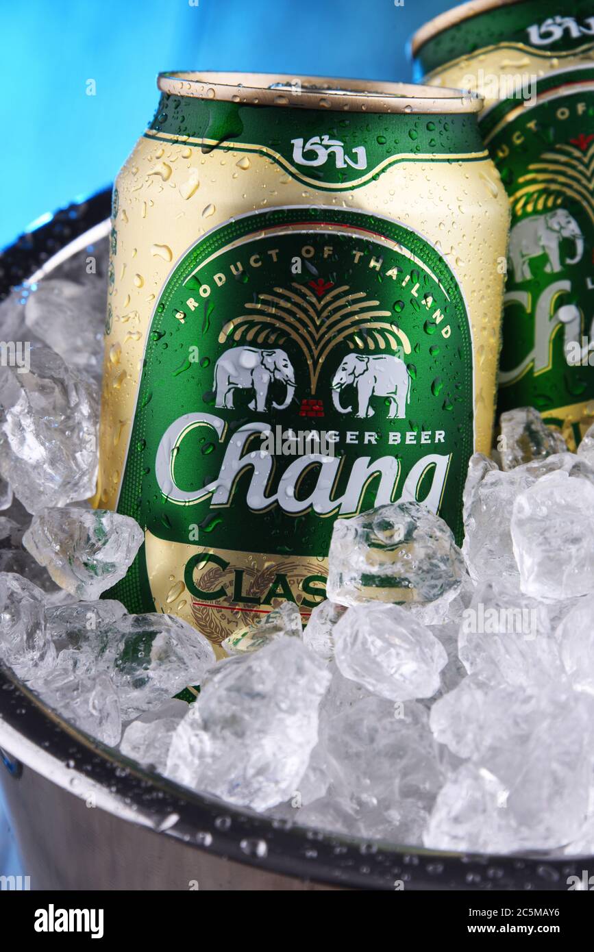 POZNAN, POL - JAN 17, 2020: Cans of Chang beer, a pale lager brewed by ...