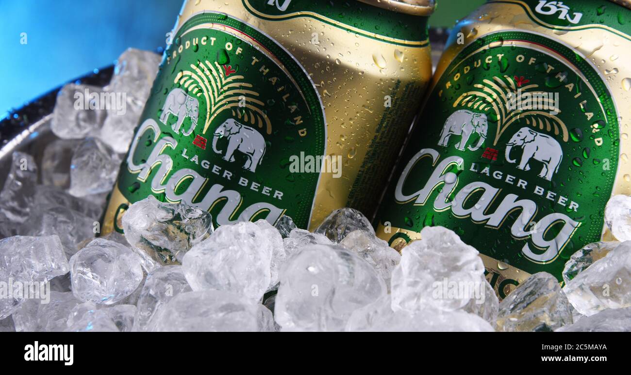 POZNAN, POL - JAN 17, 2020: Cans of Chang beer, a pale lager brewed by ...