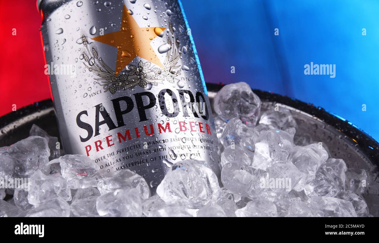POZNAN, POL - JAN 17, 2020: Cans of Sapporo beer, a product of Sapporo ...