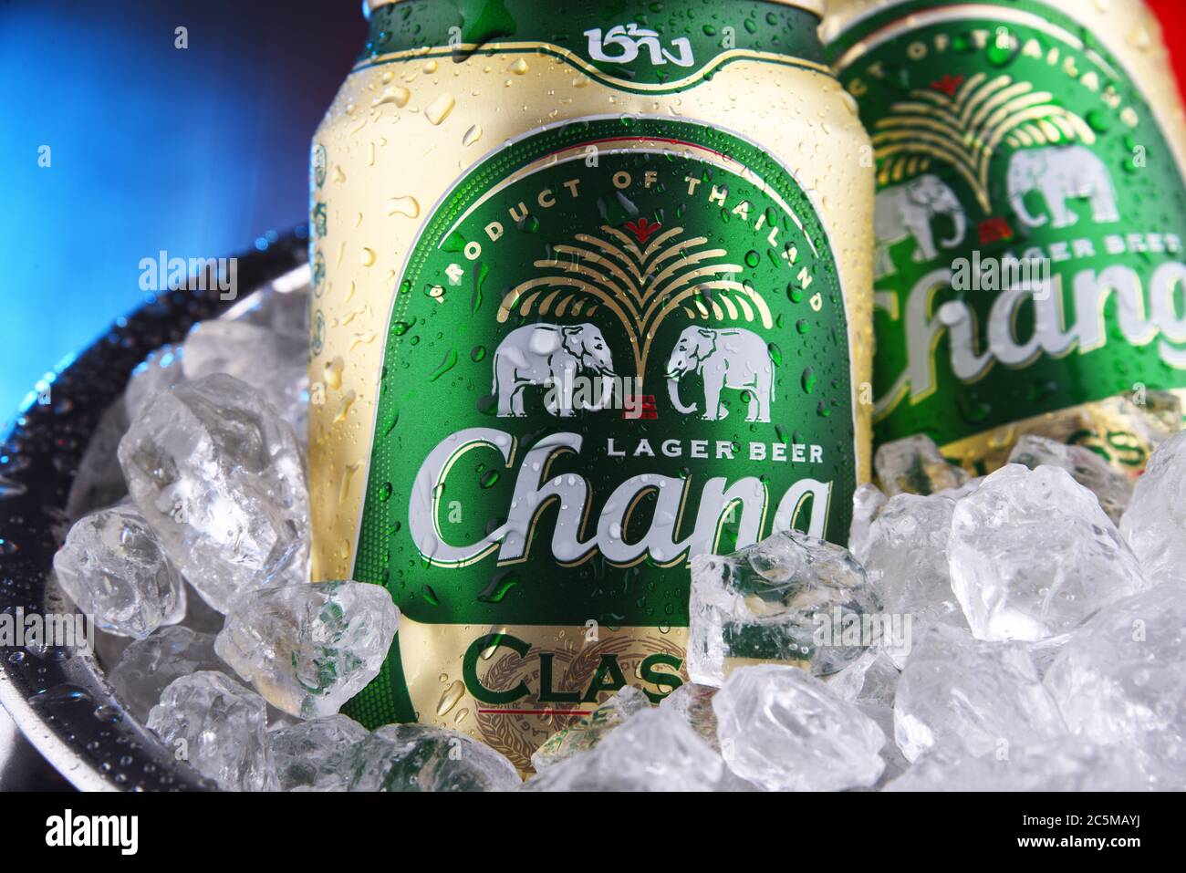 POZNAN, POL - JAN 17, 2020: Cans of Chang beer, a pale lager brewed by ...