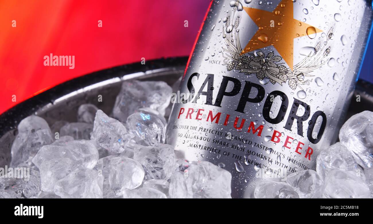 POZNAN, POL - JAN 17, 2020: Cans of Sapporo beer, a product of Sapporo ...