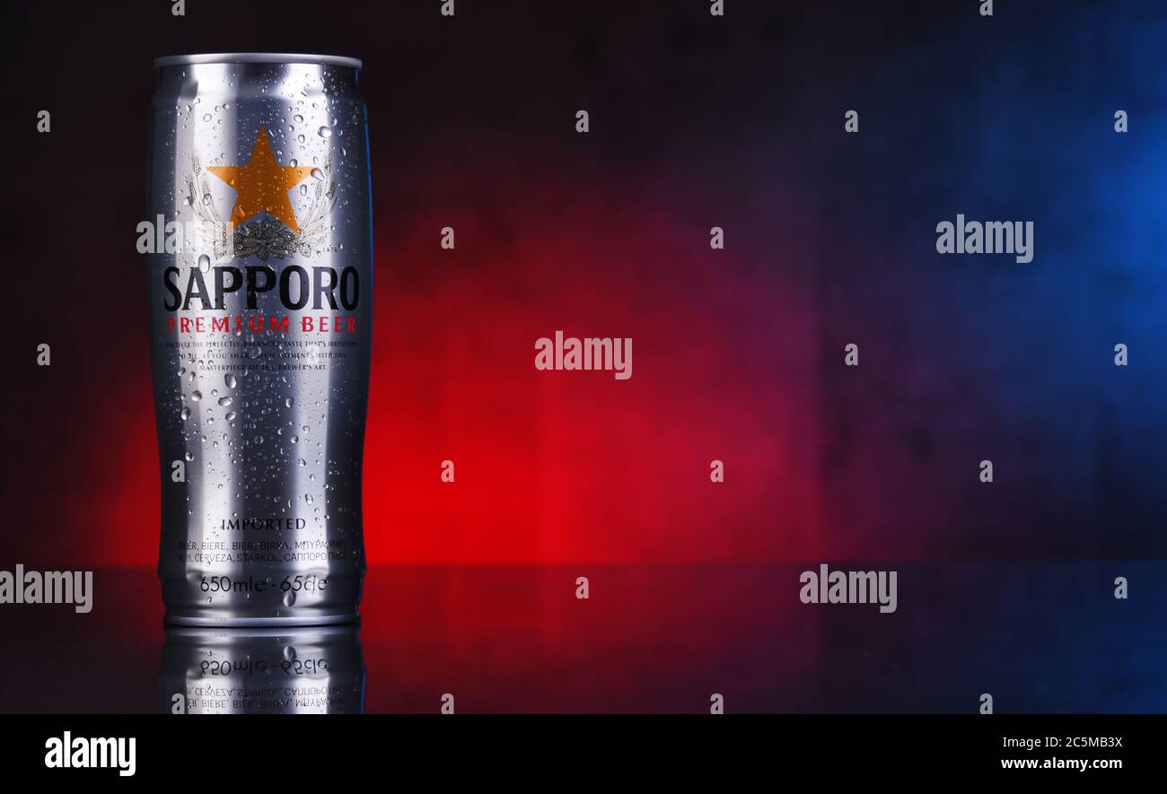 POZNAN, POL - JAN 17, 2020: Cans of Sapporo beer, a product of Sapporo ...