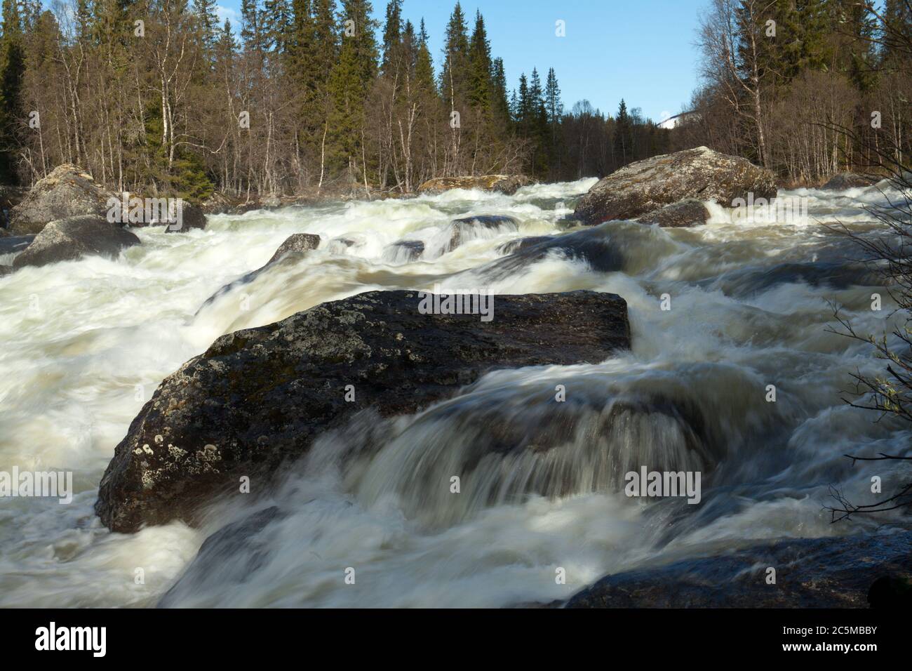 Mountain river stream water, rocks and cliffs. Wood in the background ...