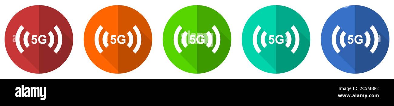 5G internet wireless communication, network icon set, red, blue, green ...