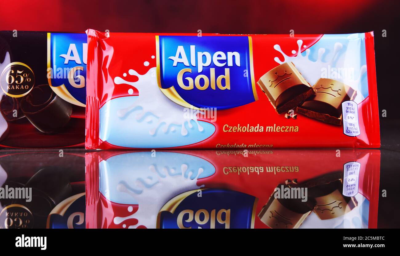 POZNAN, POL - APR 7, 2020: Chocolate bars of Alpen Gold, popular brand ...