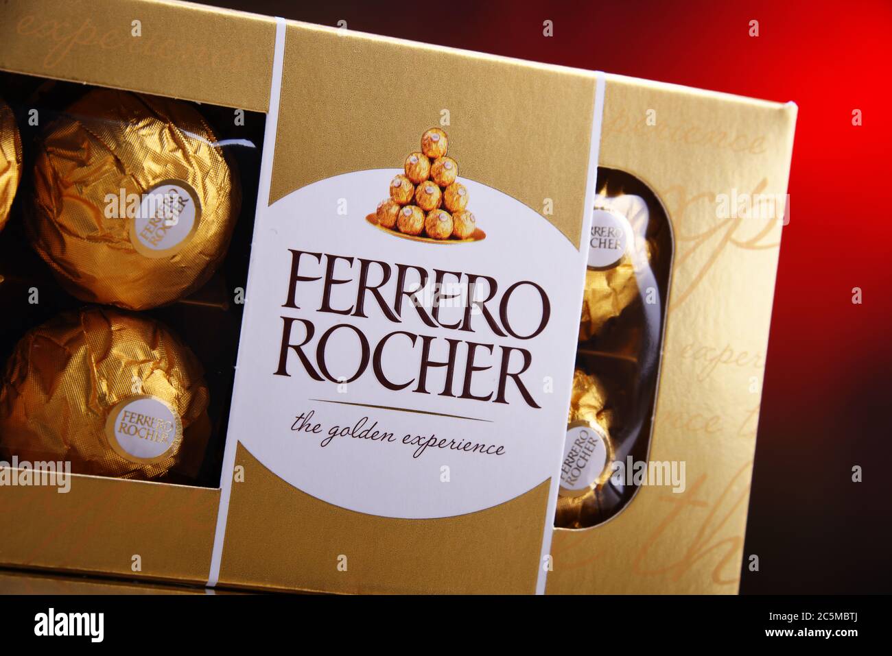 POZNAN, POL - APR 7, 2020: Box of Ferrero Rocher premium chocolate ...
