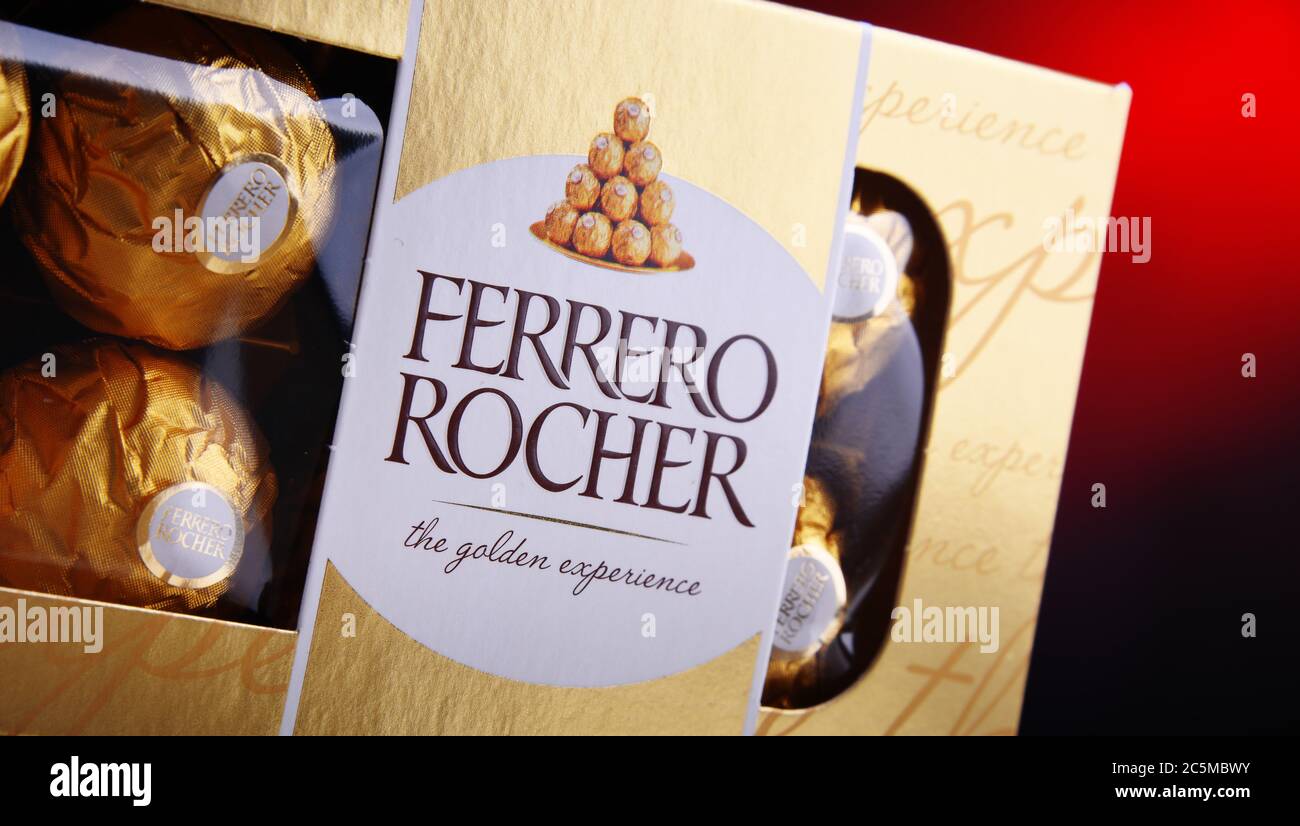 POZNAN, POL - APR 7, 2020: Box of Ferrero Rocher premium chocolate ...