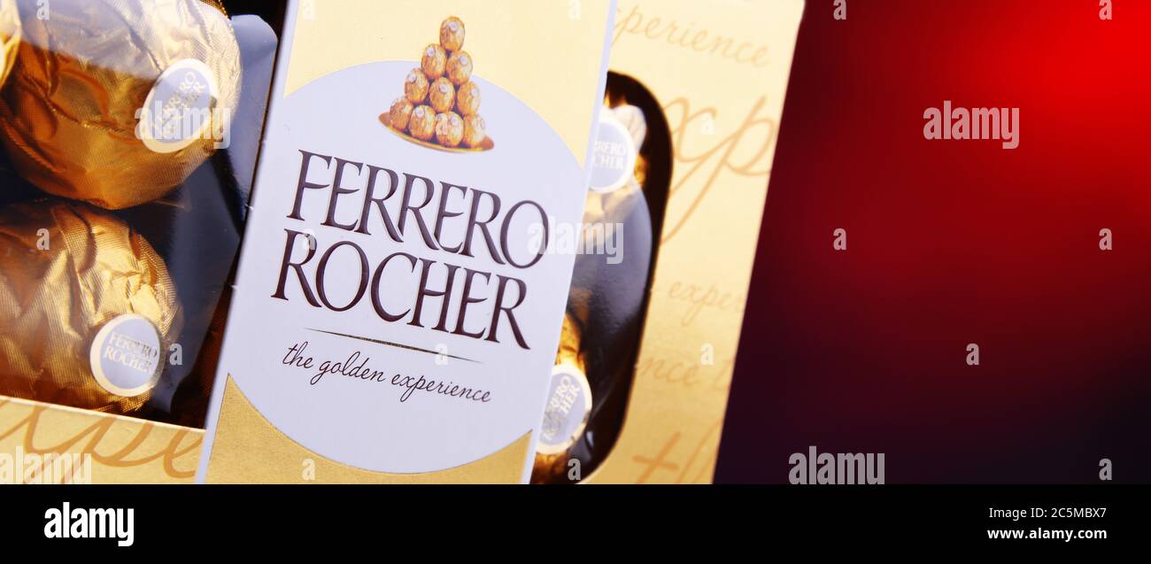 POZNAN, POL - APR 7, 2020: Box of Ferrero Rocher premium chocolate ...
