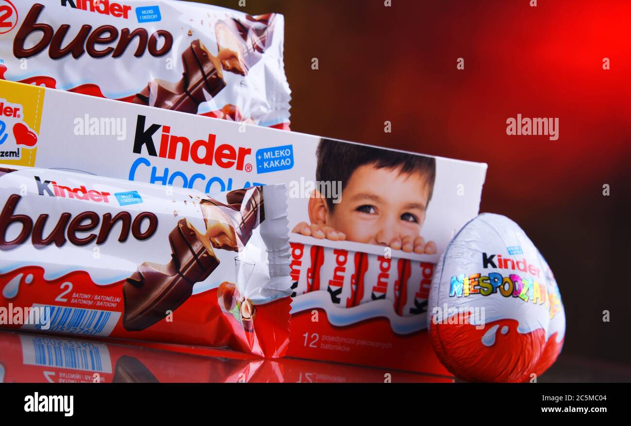 POZNAN, POL - APR 9, 2020: Products of Kinder Chocolate, a ...