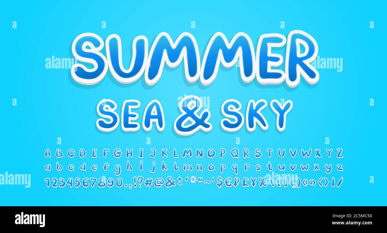Summer Alphabet navy blue and white colors, 3d sticker style. Uppercase ...